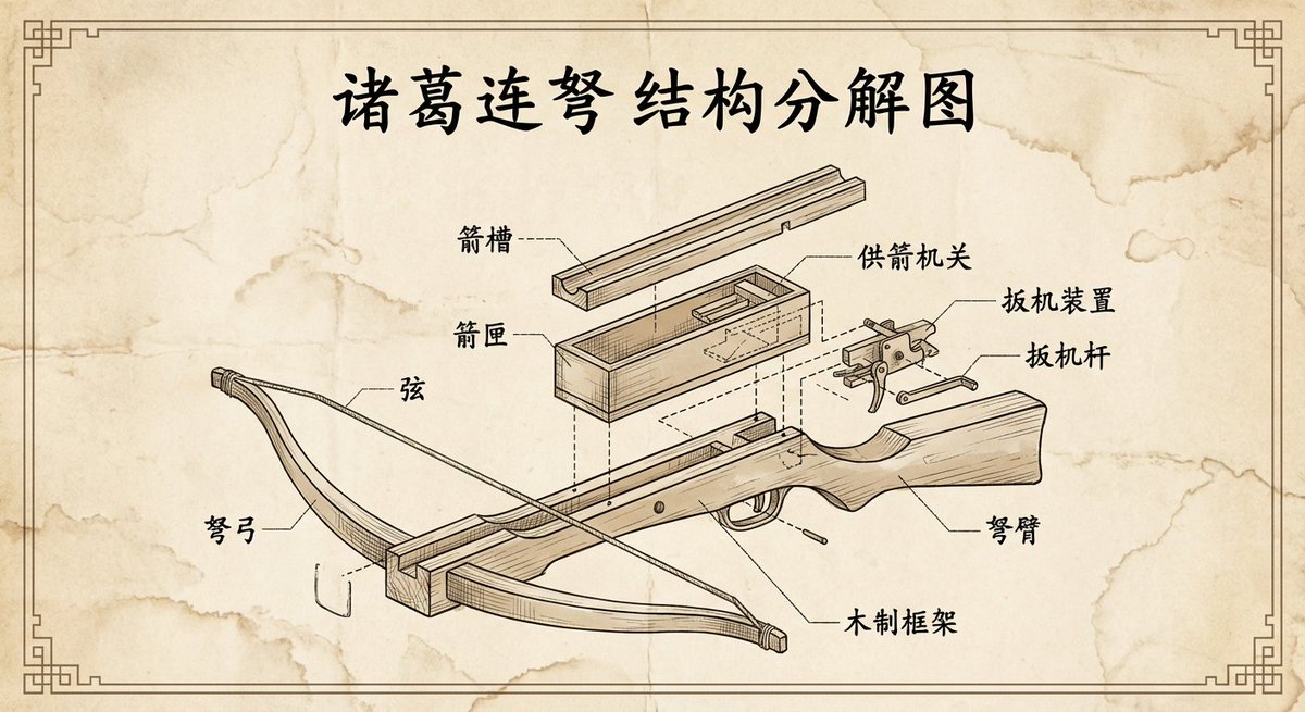 Vintage engineering exploded view of Zhuge repeating crossbow | HTPFT